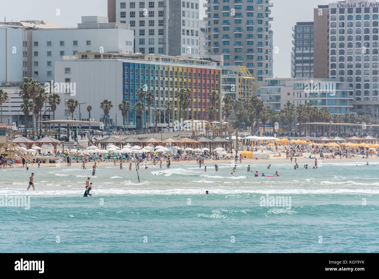 Israel, Tel Aviv-Yafo - april 11th 2017: Beachgoers at Frishman Beach ...
