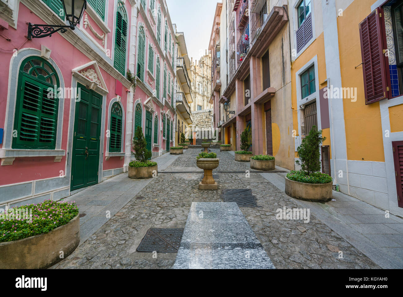 Scenic street in the old town in Macau (Macao) near Ruins of St Paul's ...