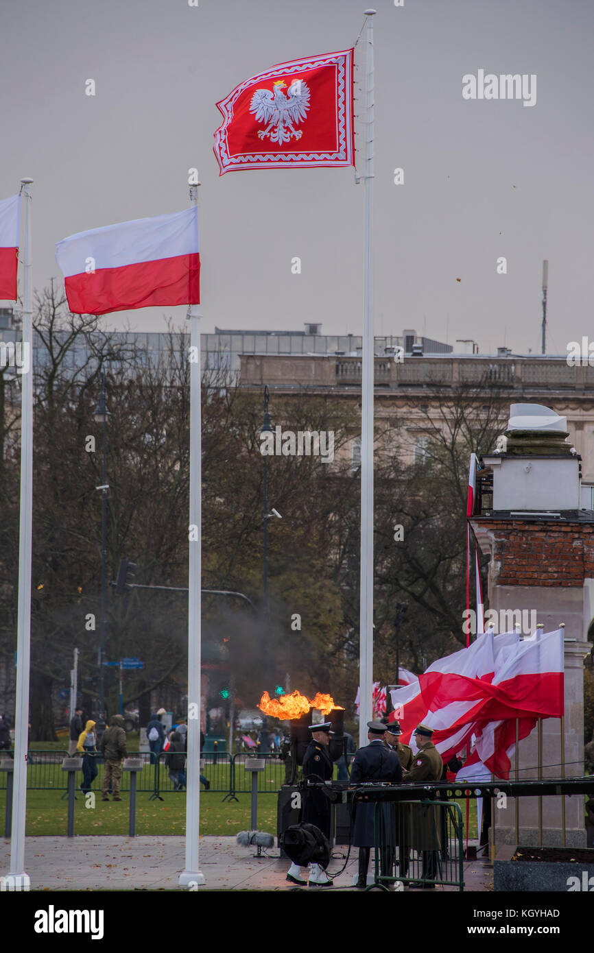 Warsaw, Poland. 11th Nov, 2017. Flags are raised and an eternal flame ...