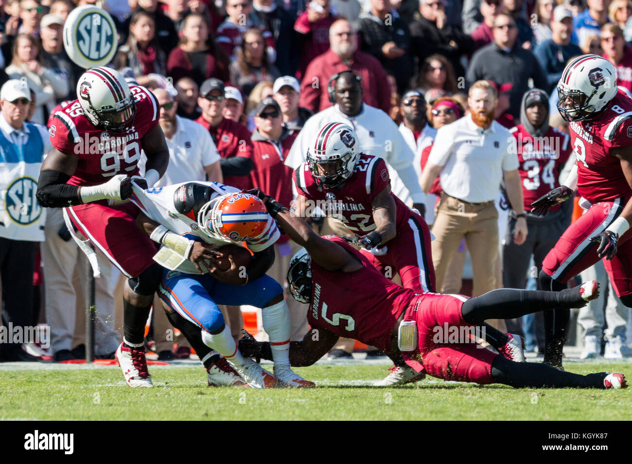 November 11, 2017: Javon Kinlaw (99) and Keir Thomas (5) of the South ...
