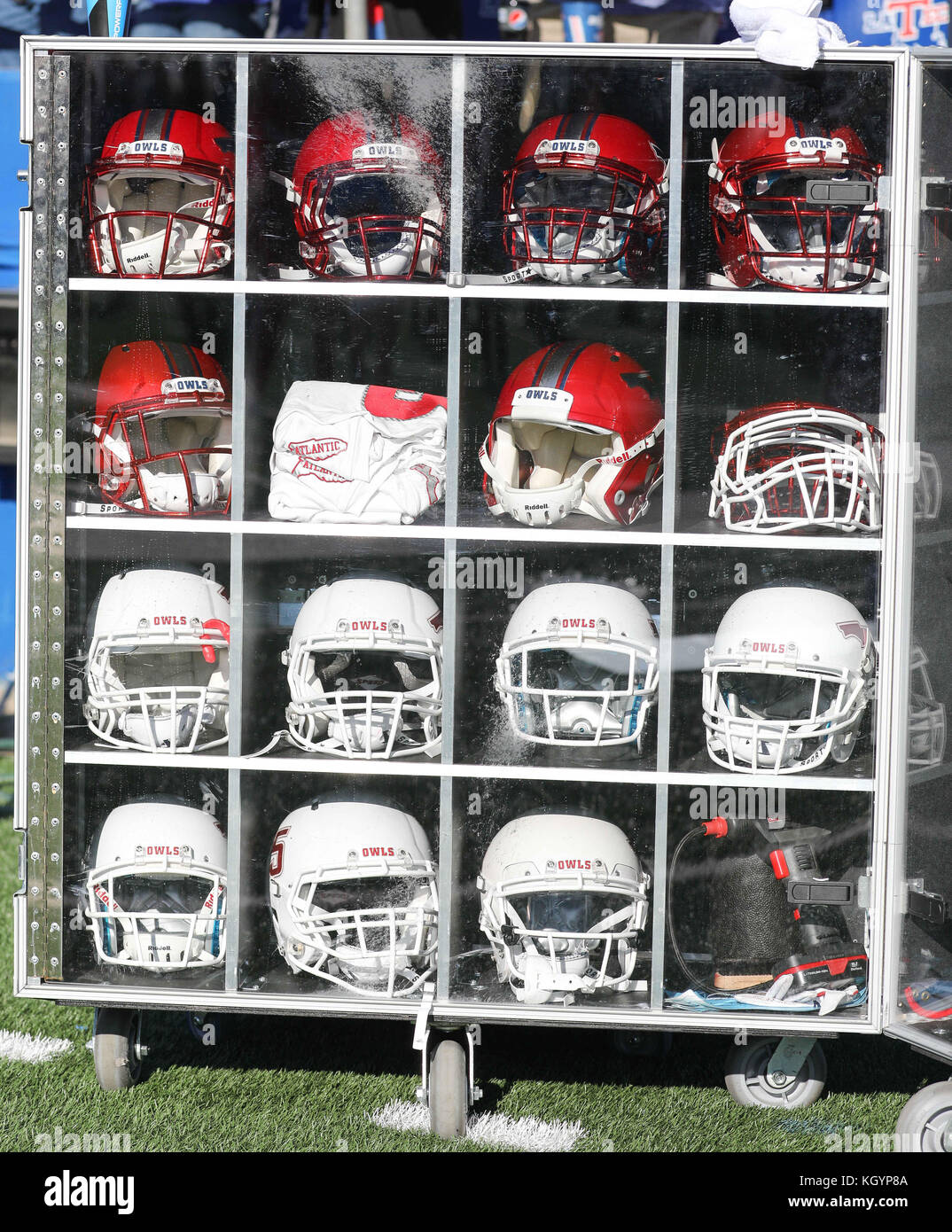 Ruston, LA, USA. 11th Nov, 2017. The FAU helmet locker on the sidelines ...