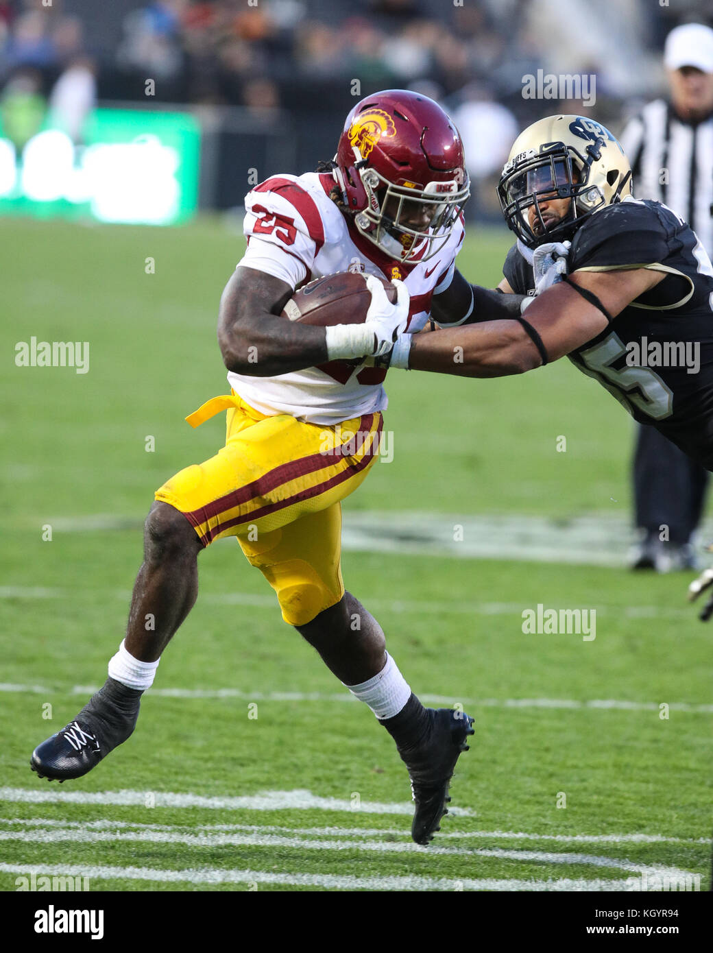 Folsom Field. 11th Nov, 2017. USC running back Ronald Jones stiff arms ...