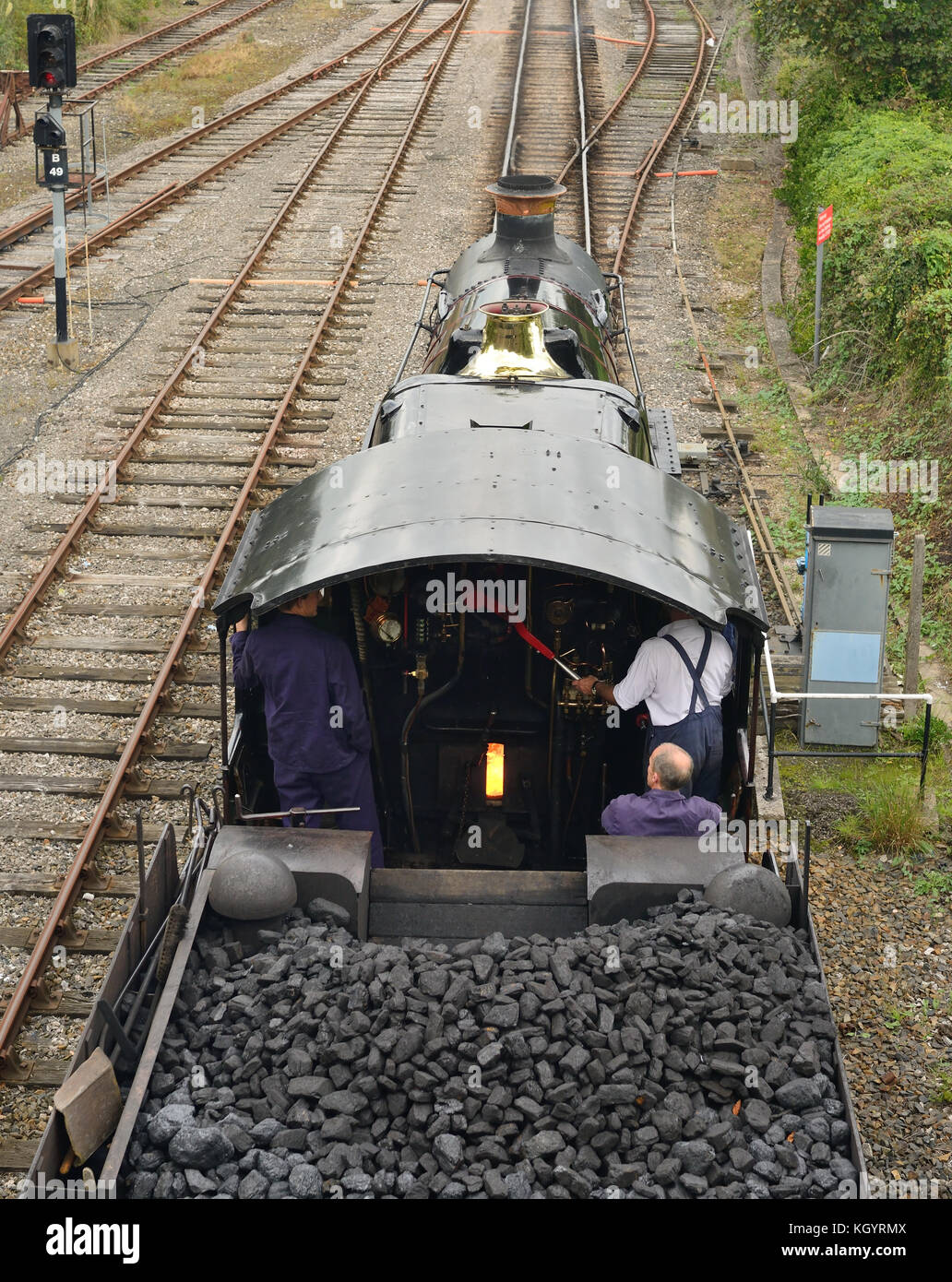 Overhead view into the cab of GWR No 7827 Lydham Manor, approaching ...