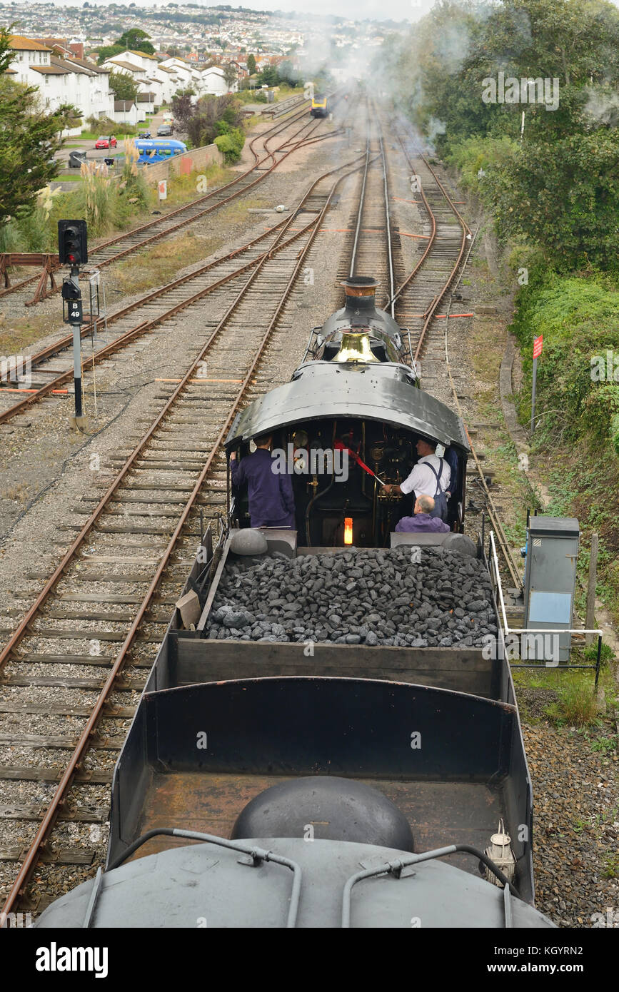 Overhead view into the cab of GWR No 7827 Lydham Manor, approaching ...