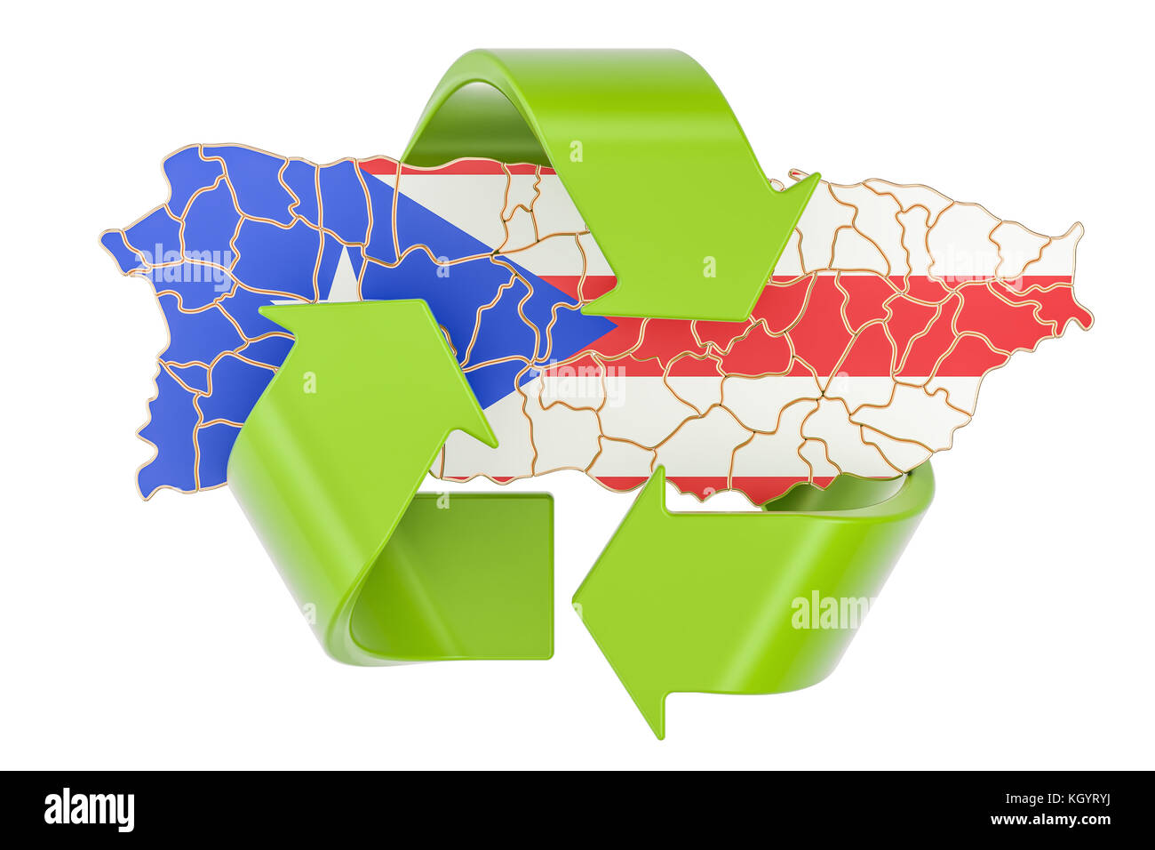 Recycling in Puerto Rico concept, 3D rendering isolated on white ...