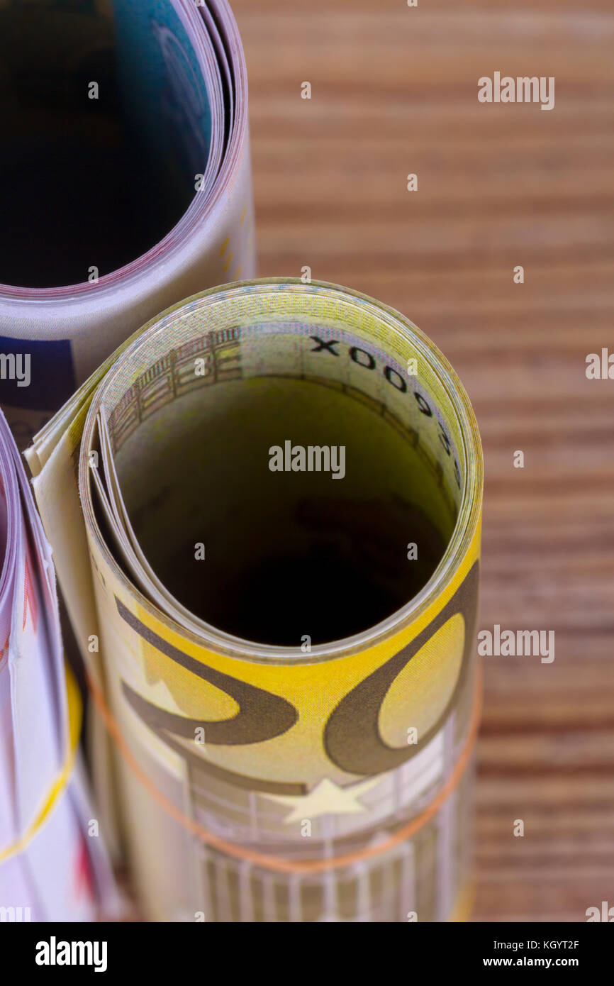 Close up view of bankroll cash euro banknotes in finance concept on ...