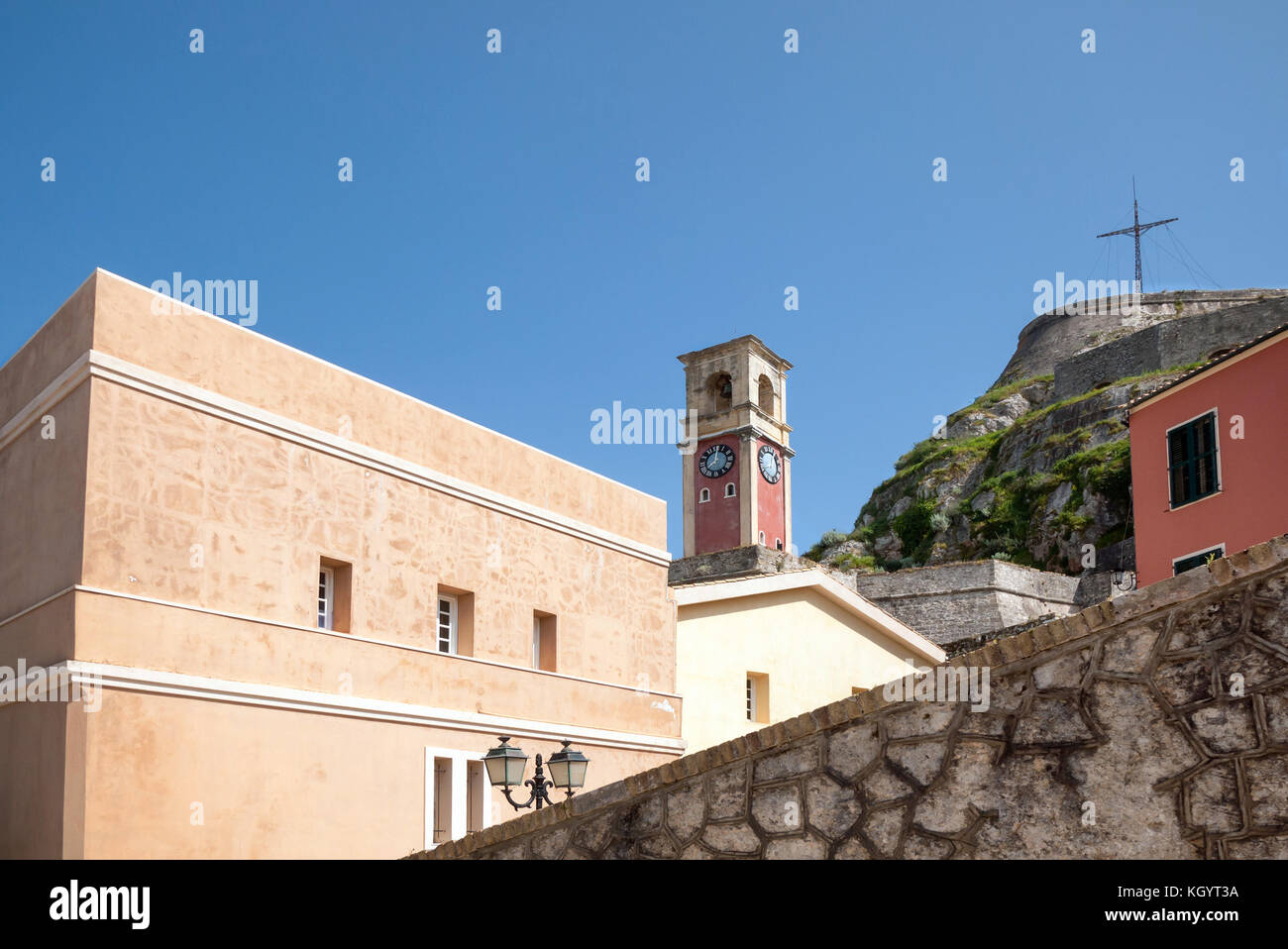 bell tower and buildings inside the old fort in the city of Corfu in ...