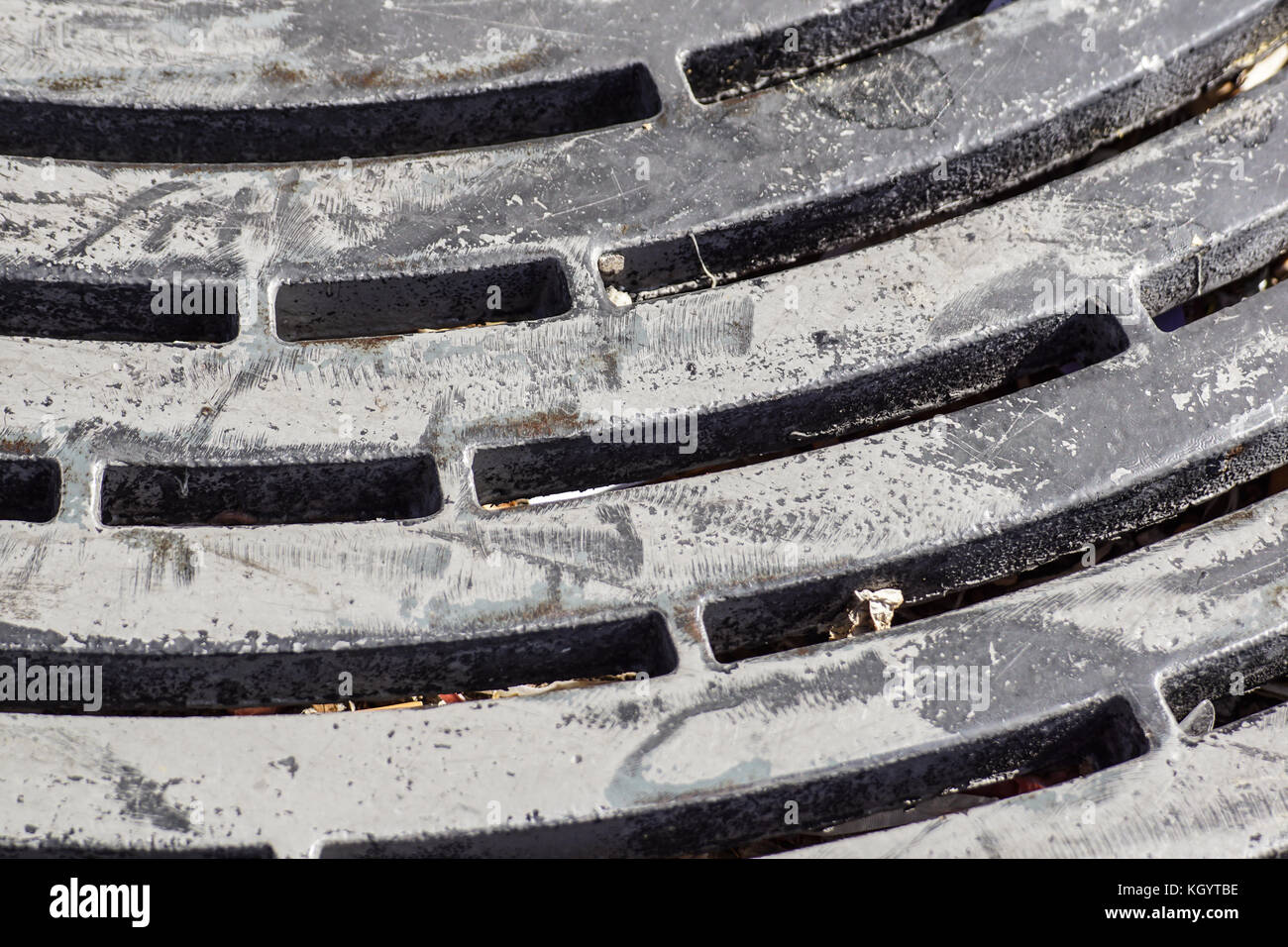 Steel sewer grate.Rough screws. Dark holes. Rusty grunge manhole ...
