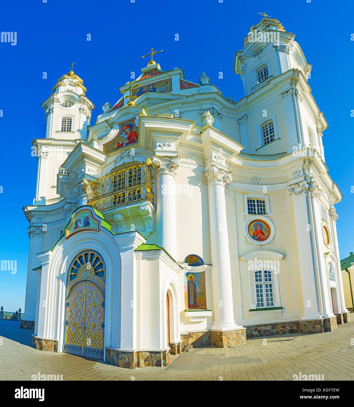 Panoramic view on frontage of Dormition Cathedral of Pochaev Lavra ...