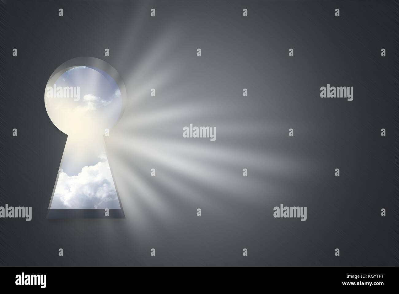 Cloudy shiny sky with light beam inside a key hole on dark grey ...