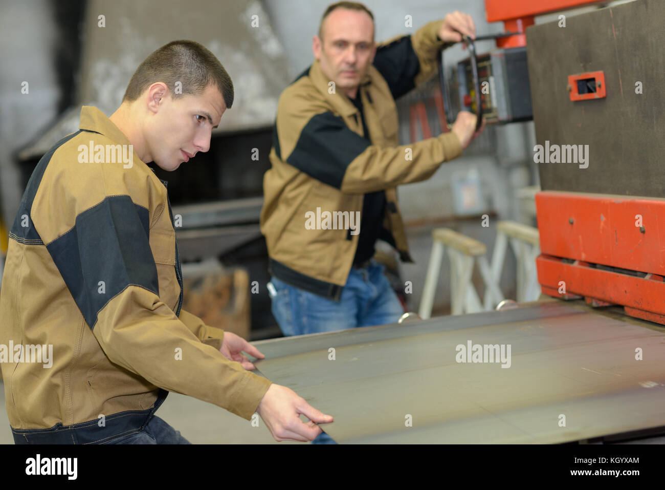 engineer cutting sheet metal with apprentice Stock Photo - Alamy