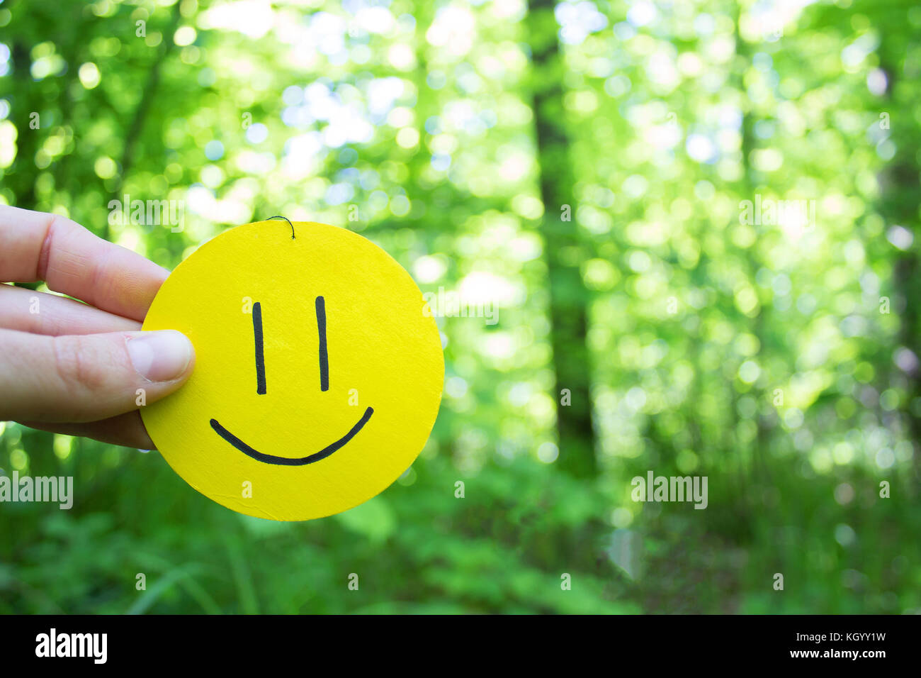 yellow smile on green leaves background. love to nature. positive ...