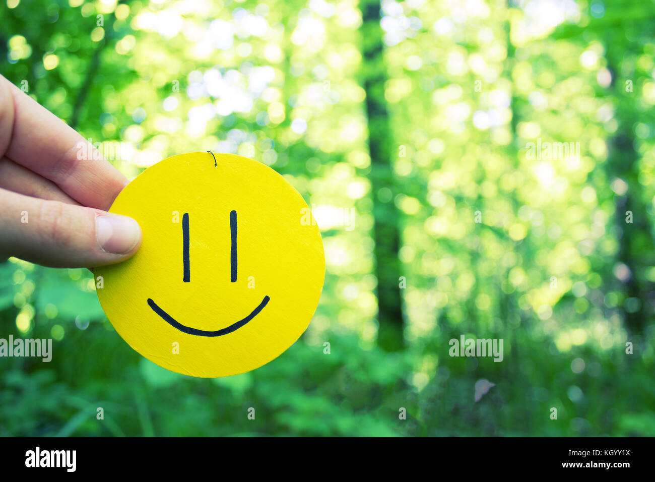 yellow smile on green leaves background. love to nature. positive ...