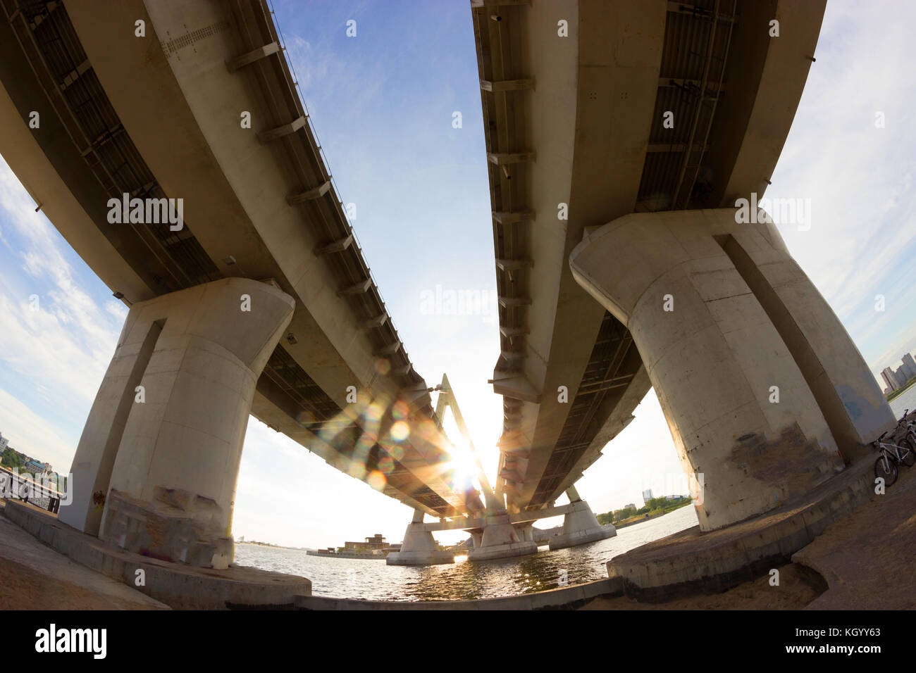 view under the big bridge. fisheye lens Stock Photo - Alamy