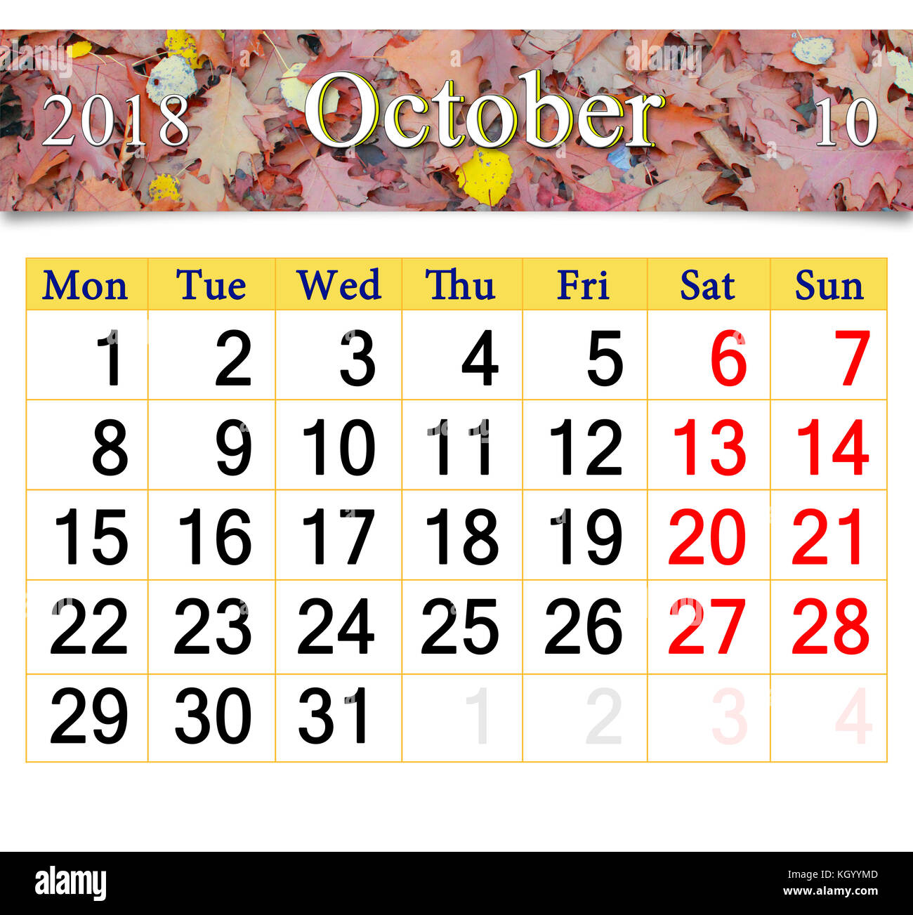 calendar for October 2018 with the ribbon of fallen autumnal leaves ...