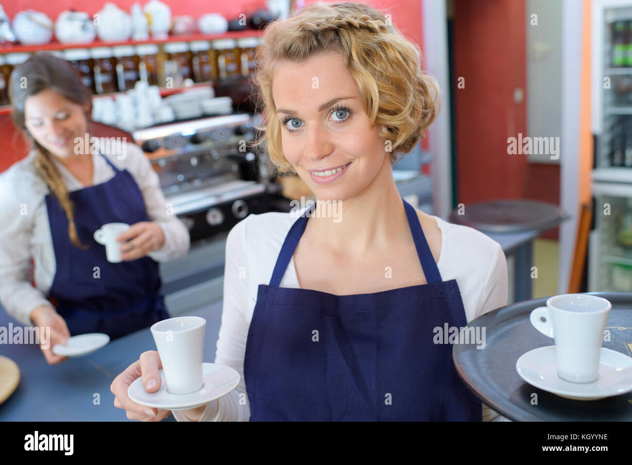 barista serving client give glass tea coffee shop bar counter Stock ...