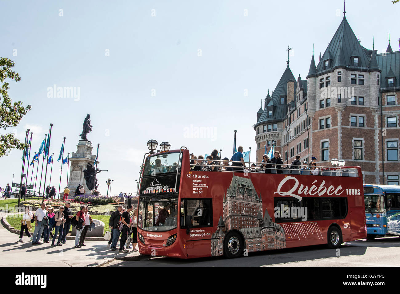 Quebec city, Canada 13.09.2017 Red sightseeing double deck bus in front ...