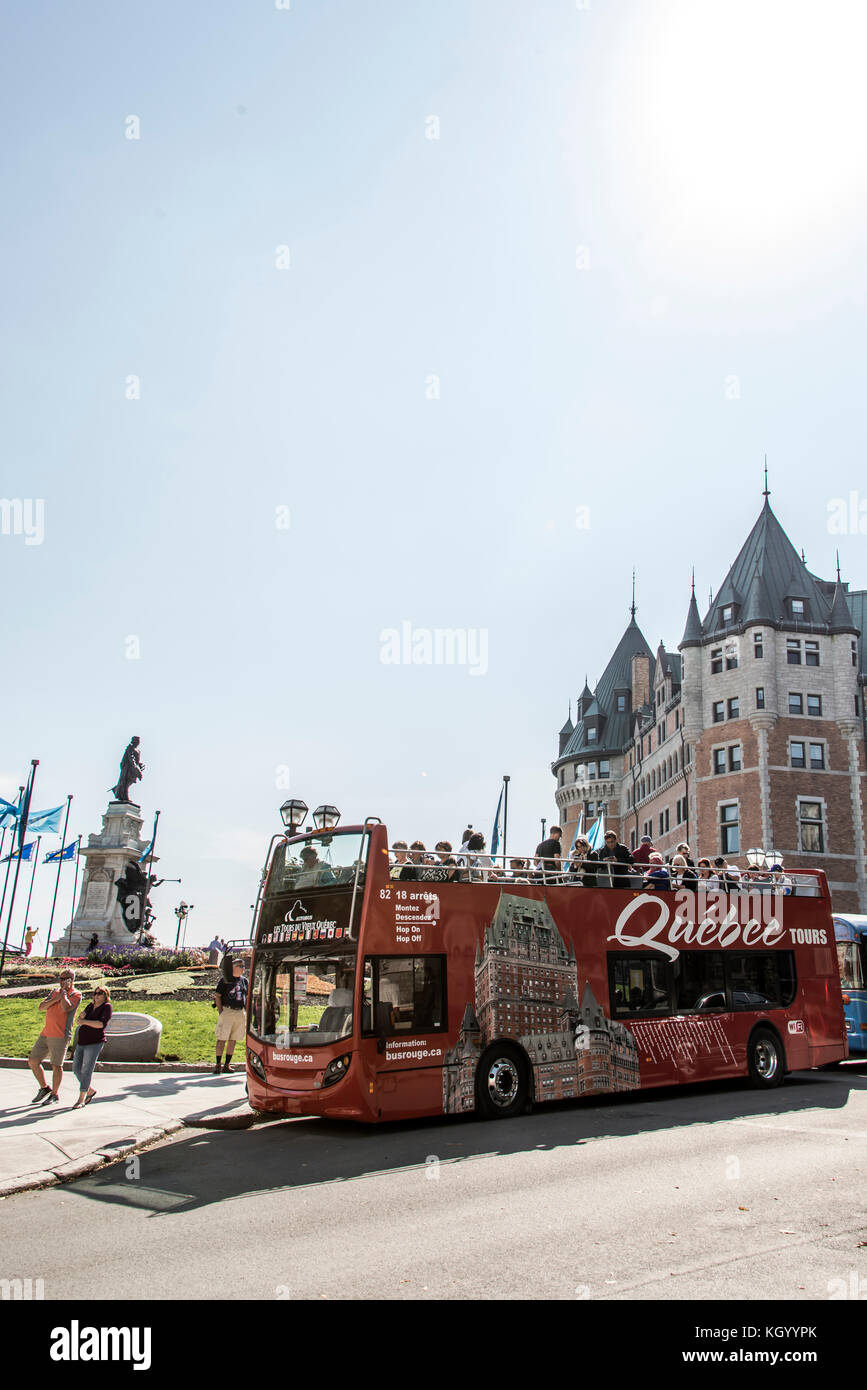 Quebec city, Canada 13.09.2017 Red sightseeing double deck bus in front ...