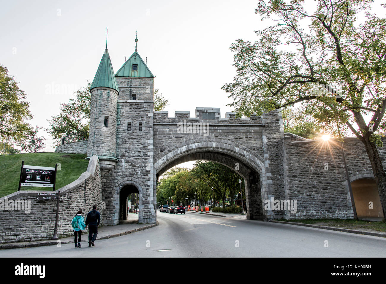 Quebec City Canada historic fortified wall with street at sunset with ...