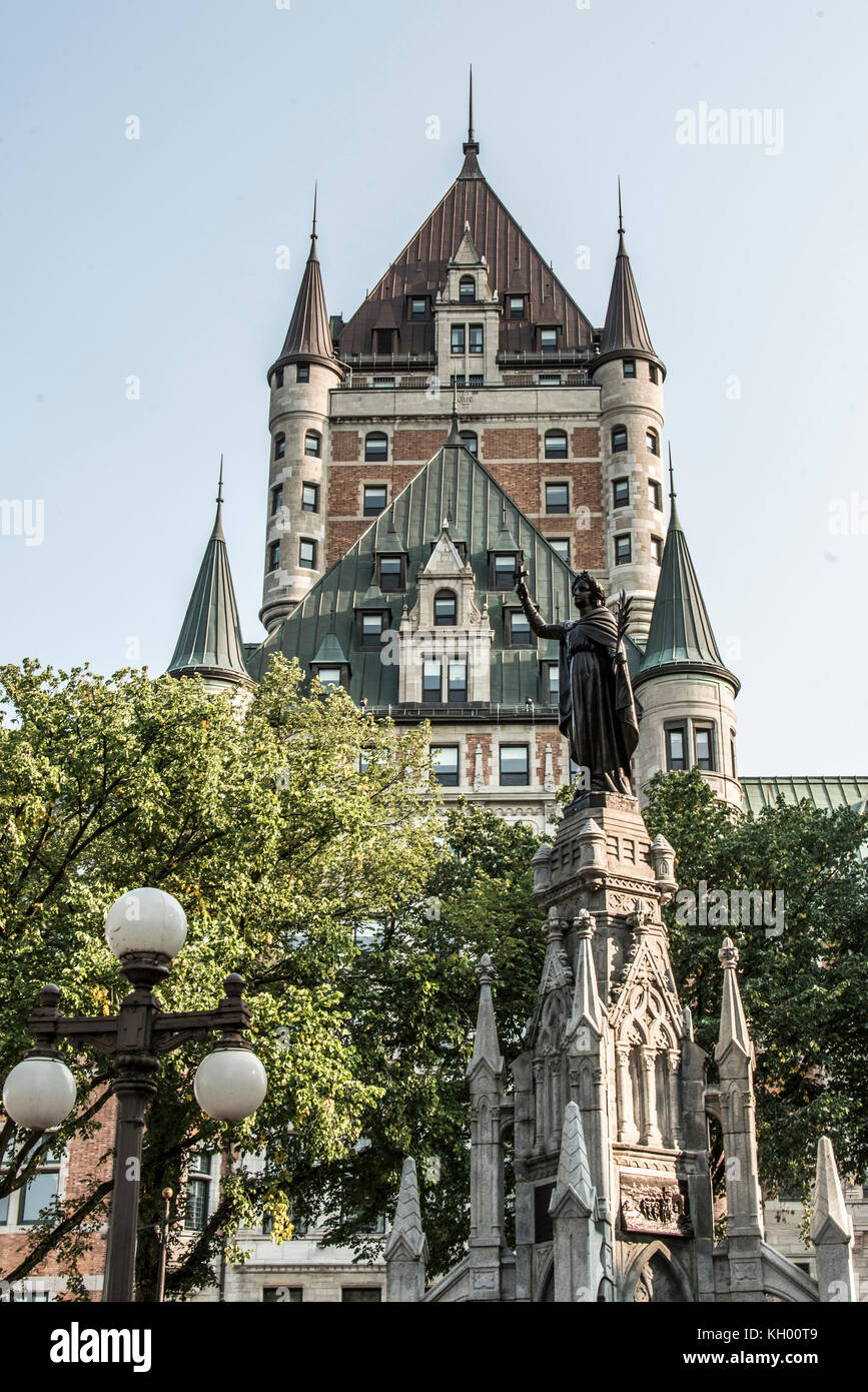 Canada Quebec City Fountain Monument of Faith woman in front of Chateau ...