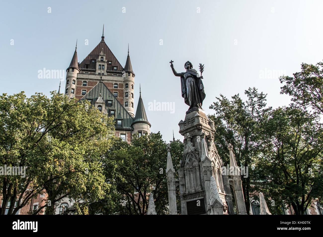 Canada Quebec City Fountain Monument of Faith woman in front of Chateau ...