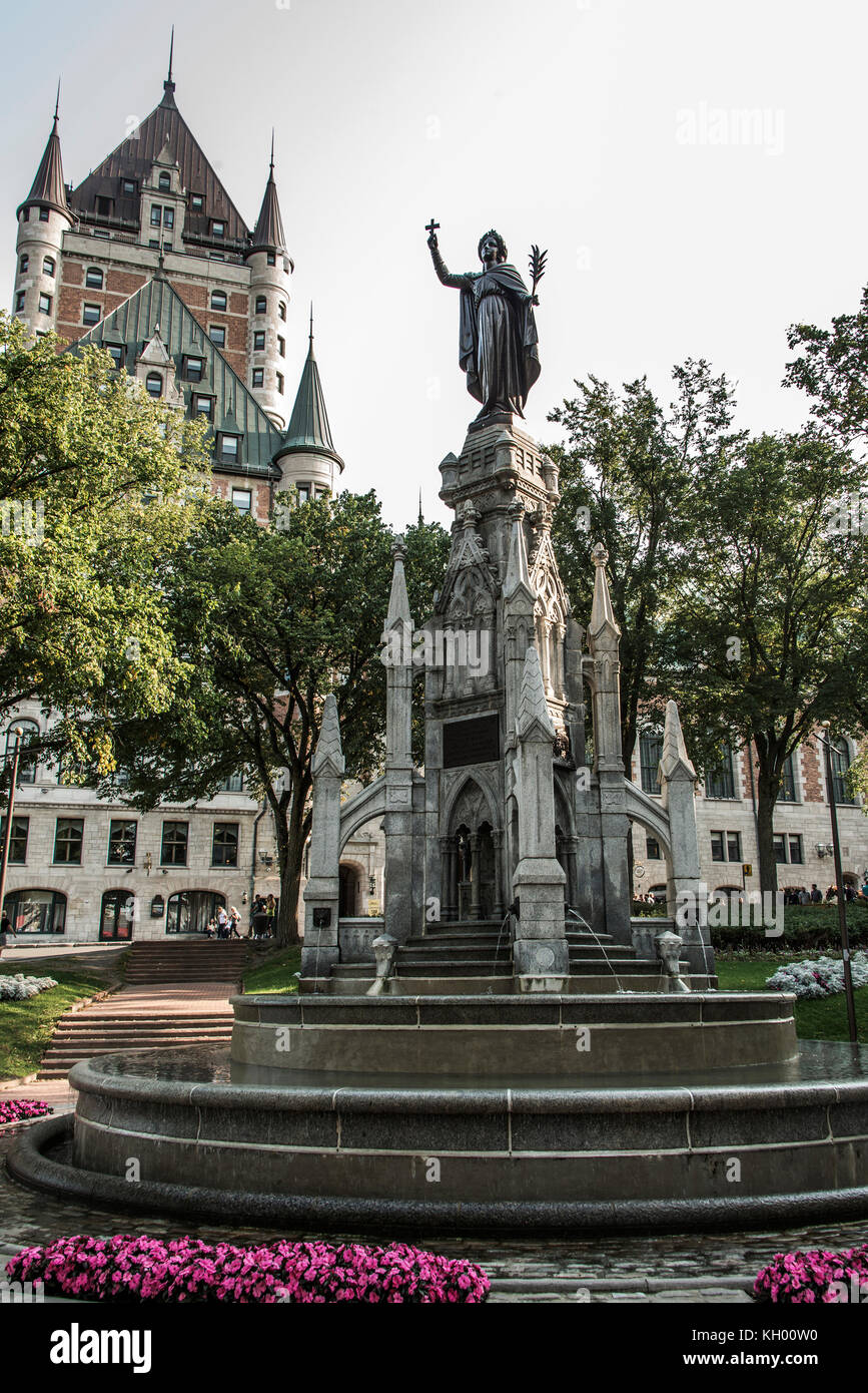 Canada Quebec City Fountain Monument of Faith woman in front of Chateau ...