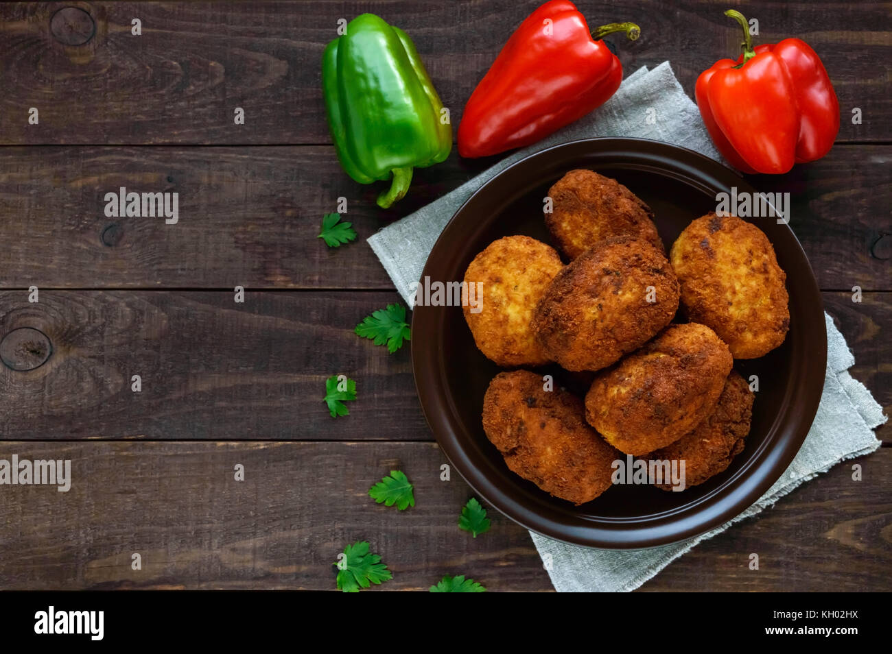 Meat mini-rolls (cutlet) with boiled egg. The top view Stock Photo - Alamy