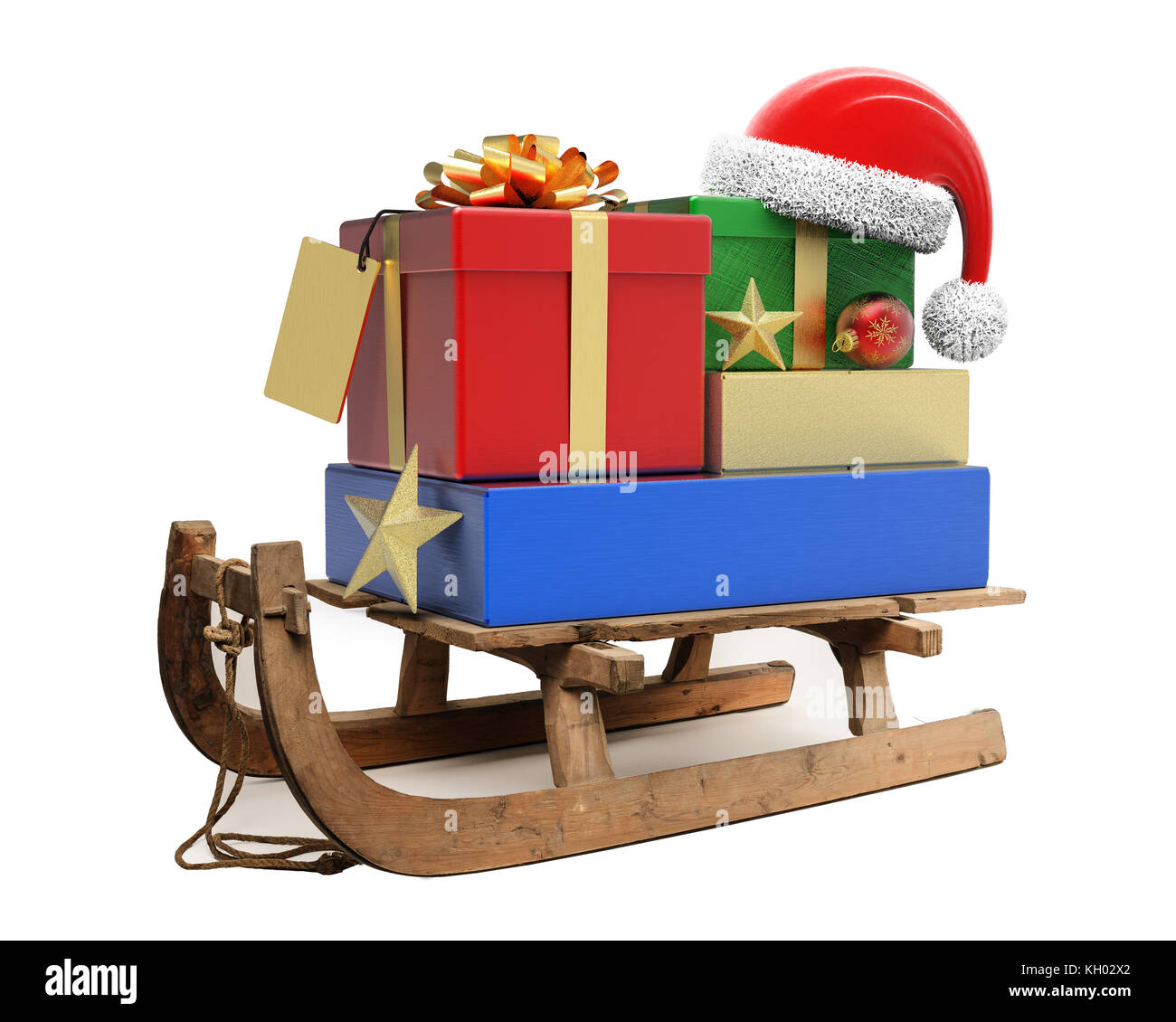 Sledge with Christmas presents and Santa Claus hat isolated on white ...