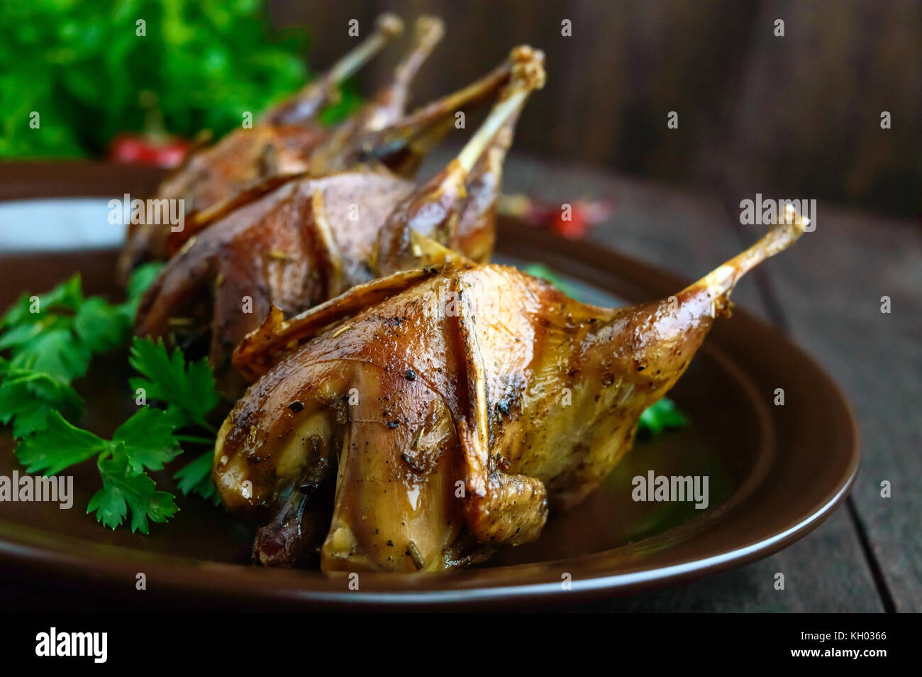 Roasted quail on a spit. Serving on a ceramic plate with greens. Close ...