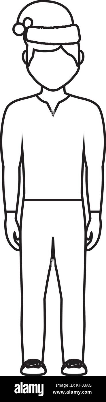 flat line uncolored man with santa hat over white background vector ...