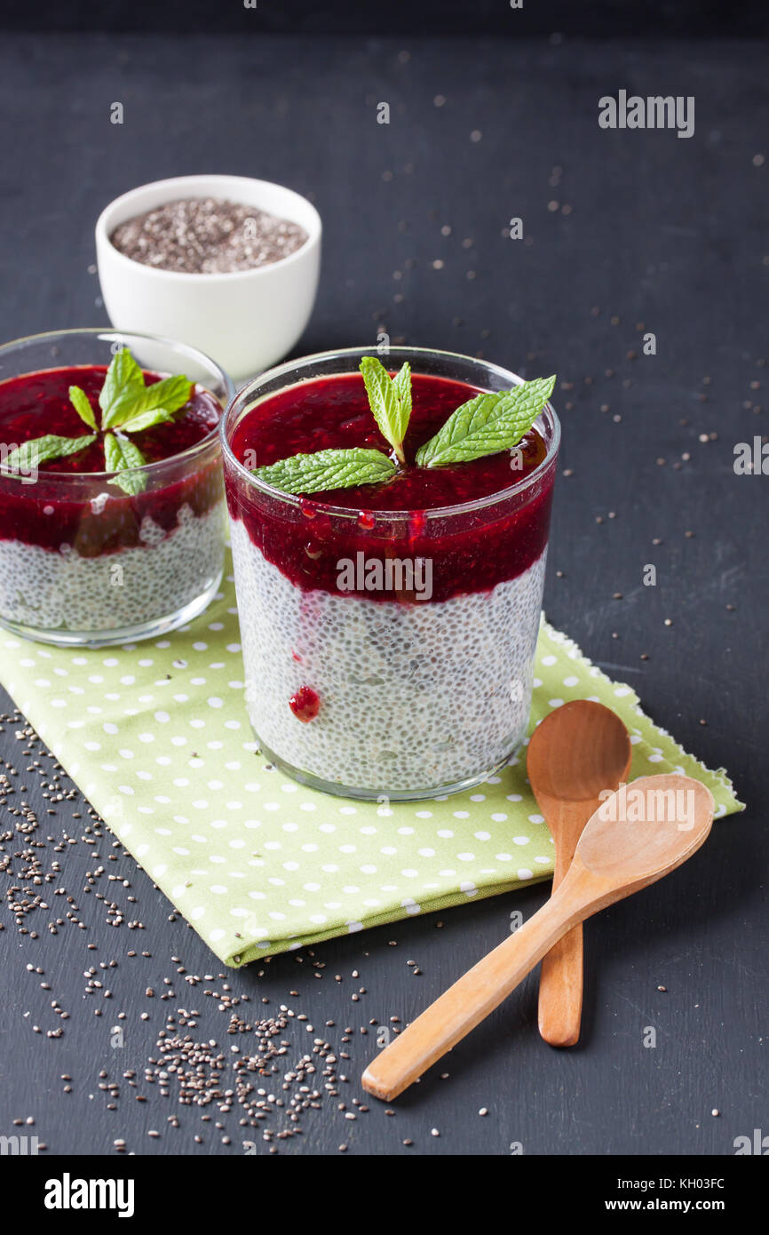 chia seed pudding with raspberry sauce Stock Photo - Alamy