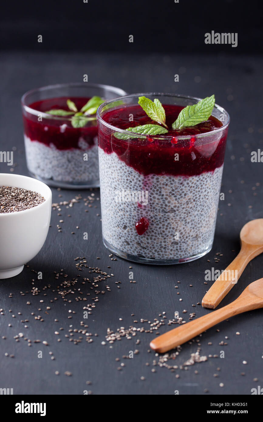 chia seed pudding with raspberry sauce Stock Photo - Alamy