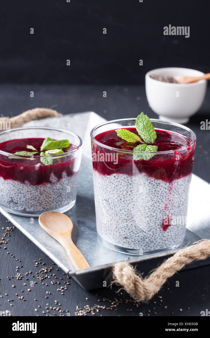 chia seed pudding with raspberry sauce Stock Photo - Alamy