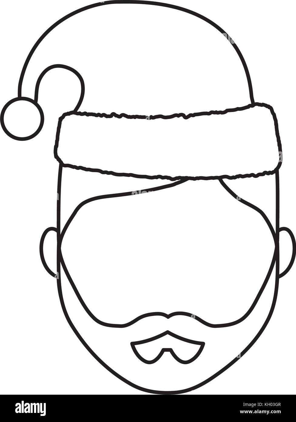 flat line uncolored man face with santa hat over white background ...
