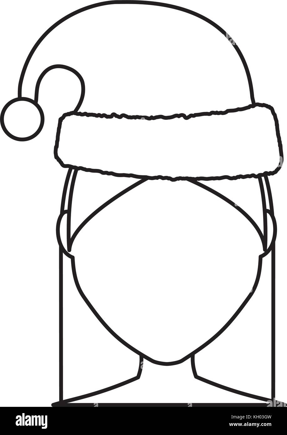 flat line uncolored woman face with santa hat over white background ...