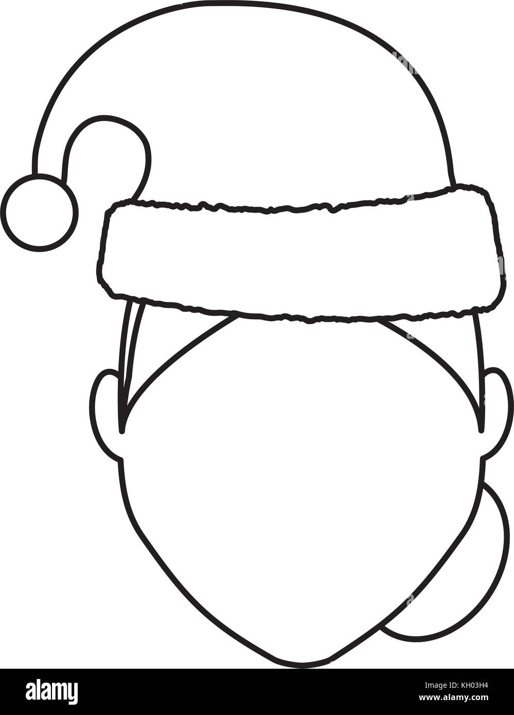 flat line uncolored man face with santa hat over white background ...
