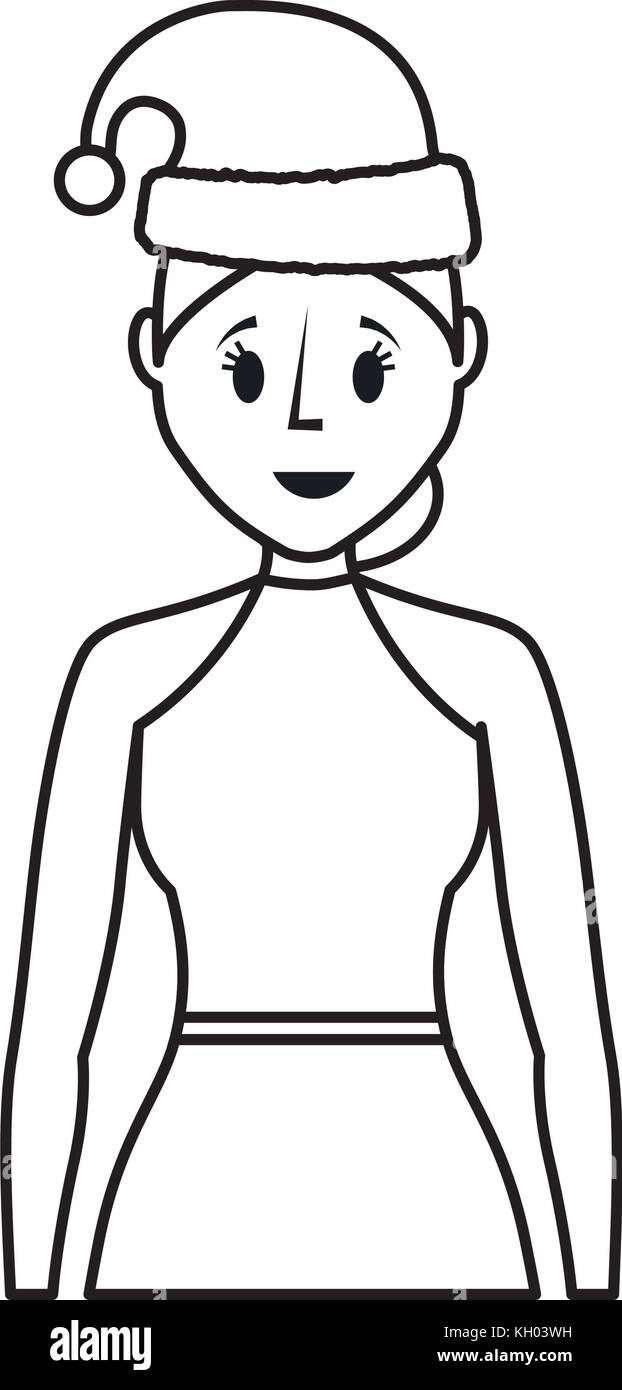 flat line uncolored woman with santa hat over white background vector ...