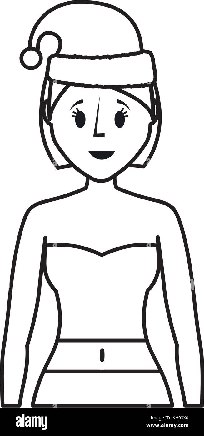 flat line uncolored woman with santa hat over white background vector ...