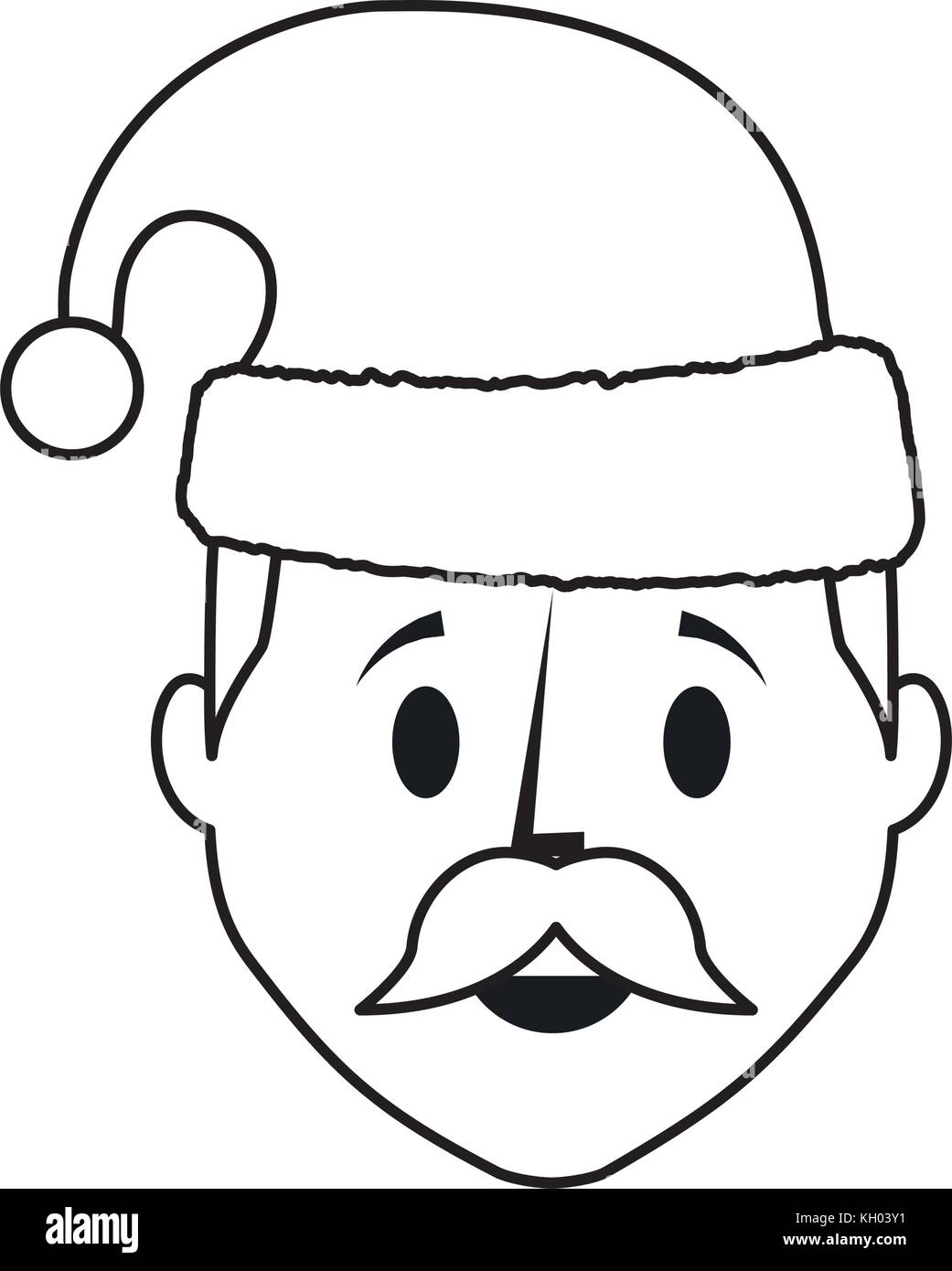 flat line uncolored man face with santa hat over white background ...