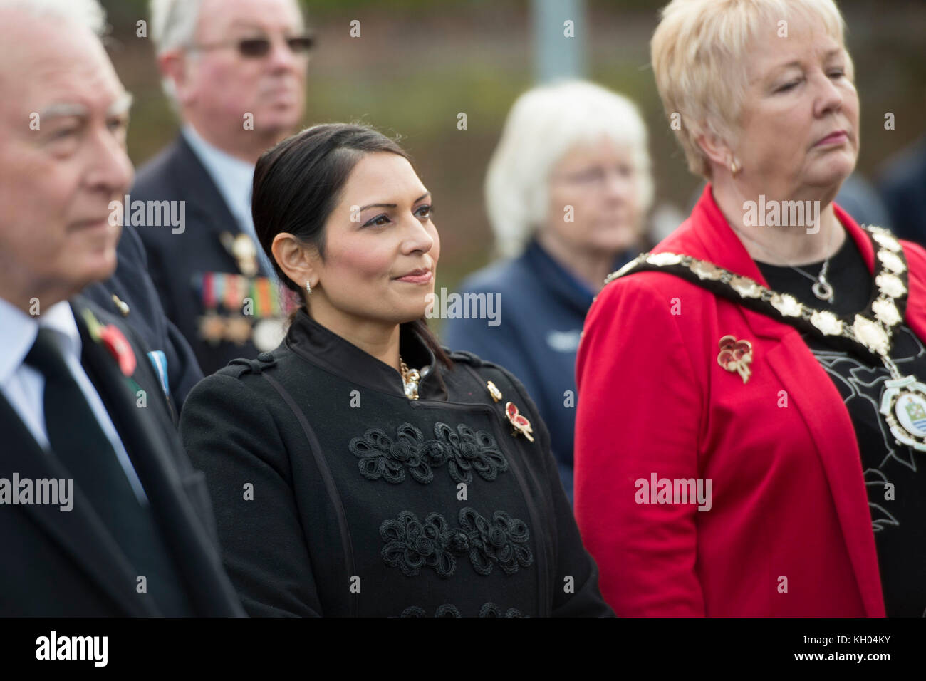 Priti Patel (centre) and the mayor of Witham JoAnn Williams, during the ...