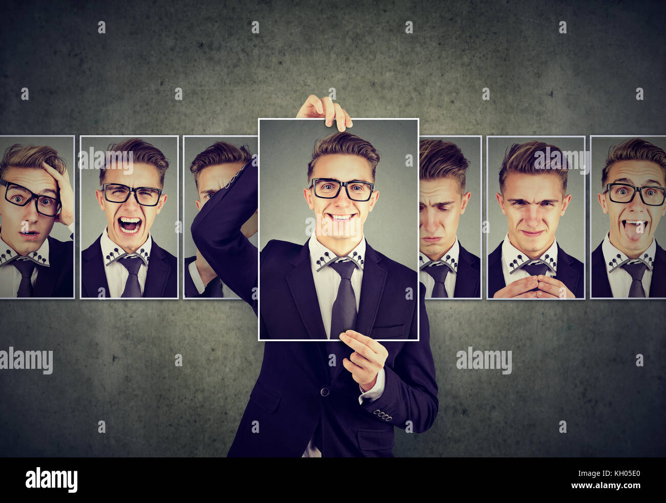 Positive masked man in glasses expressing different emotions Stock ...