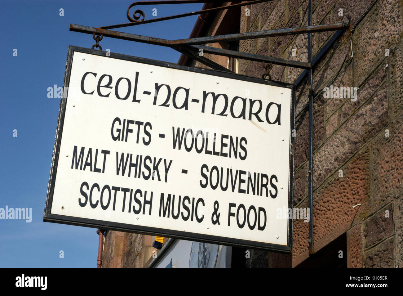 A Scottish shop sign above a gift shop in Ullapool, Wester Ross ...