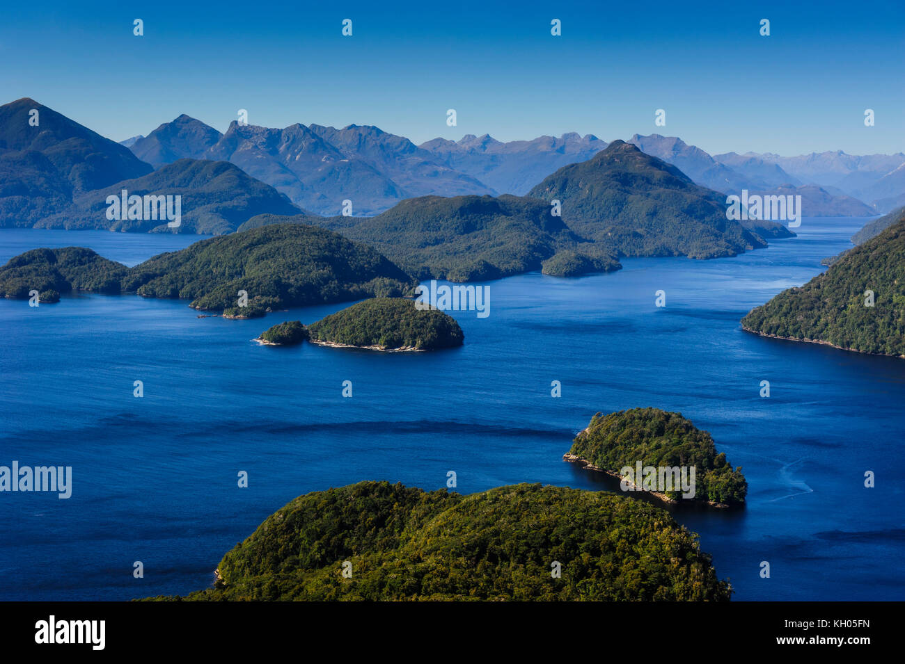 Aerial of a huge fjord in Fjordlands, South Island, New Zealand Stock ...