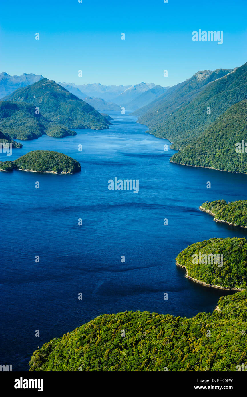 Aerial of a huge fjord in Fjordlands, South Island, New Zealand Stock ...