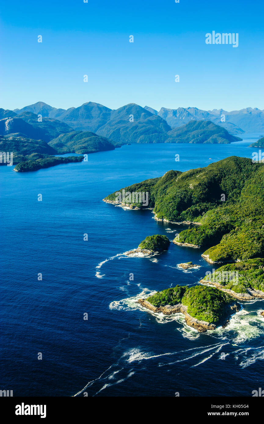 Aerial of a huge fjord in Fjordlands, South Island, New Zealand Stock ...