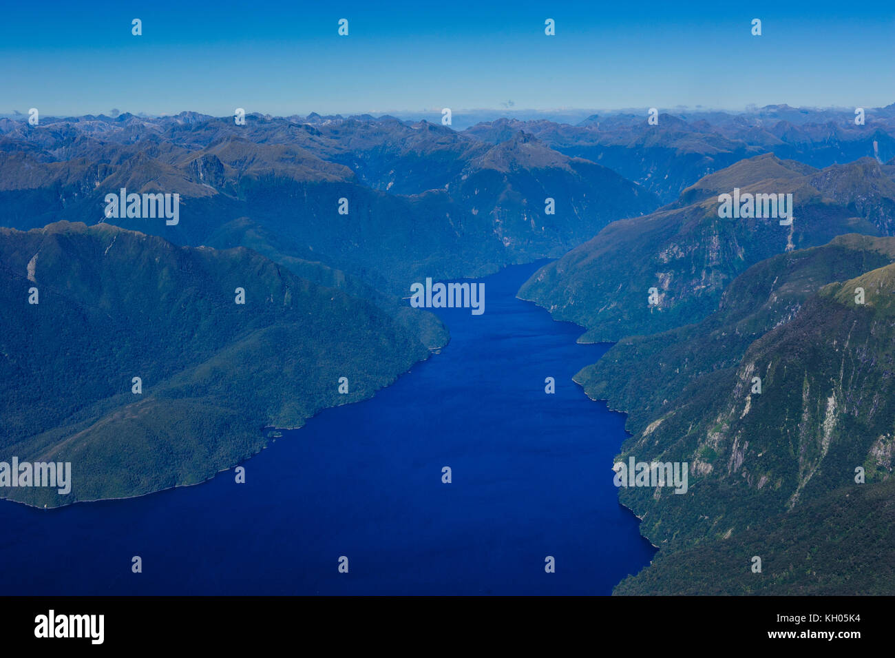 Aerial of a huge fjord in Fjordlands, South Island, New Zealand Stock ...