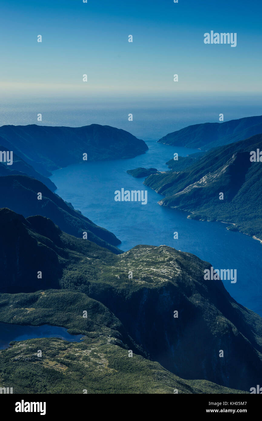 Aerial of a huge fjord in Fjordlands, South Island, New Zealand Stock ...