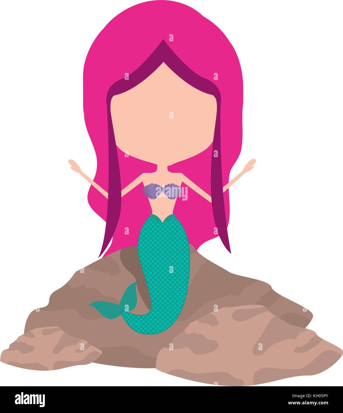 mermaid in a rock without face and magenta hair on white background ...