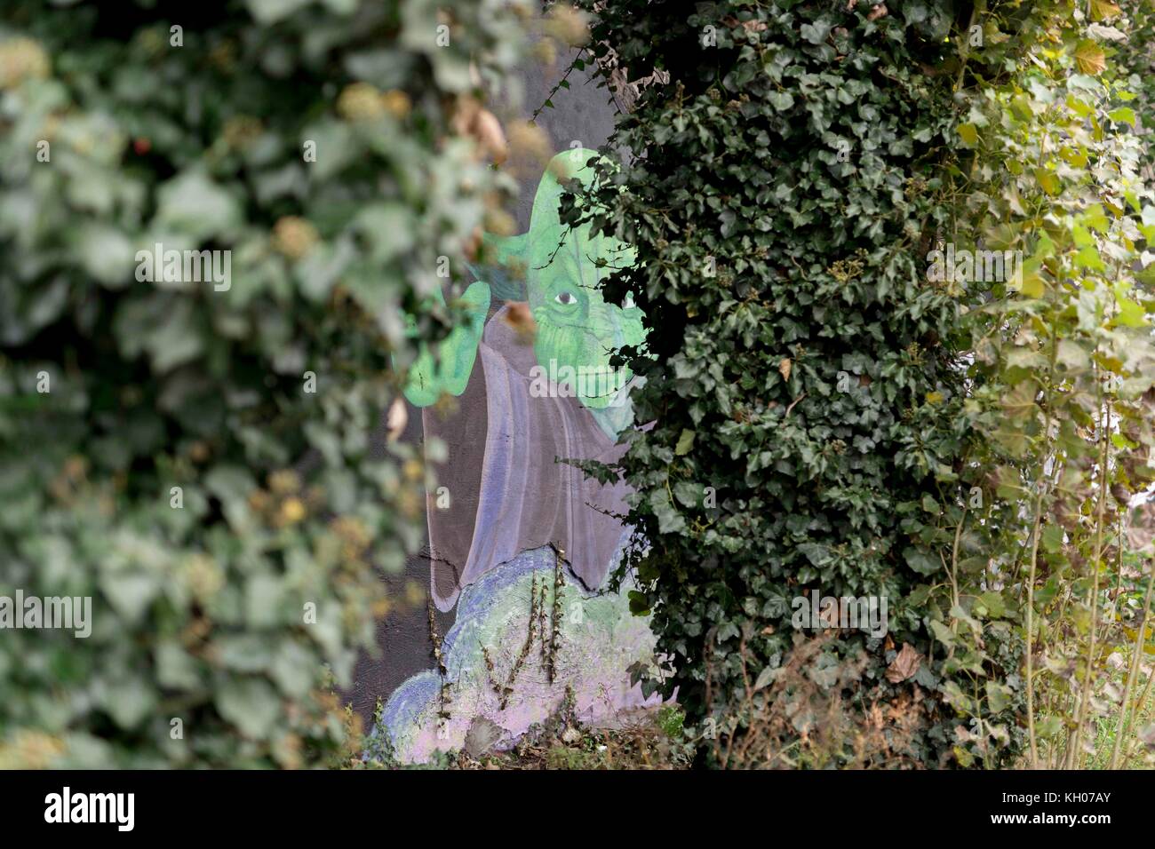 Part of street mural with Star Wars character Yoda seen from behind ivy ...