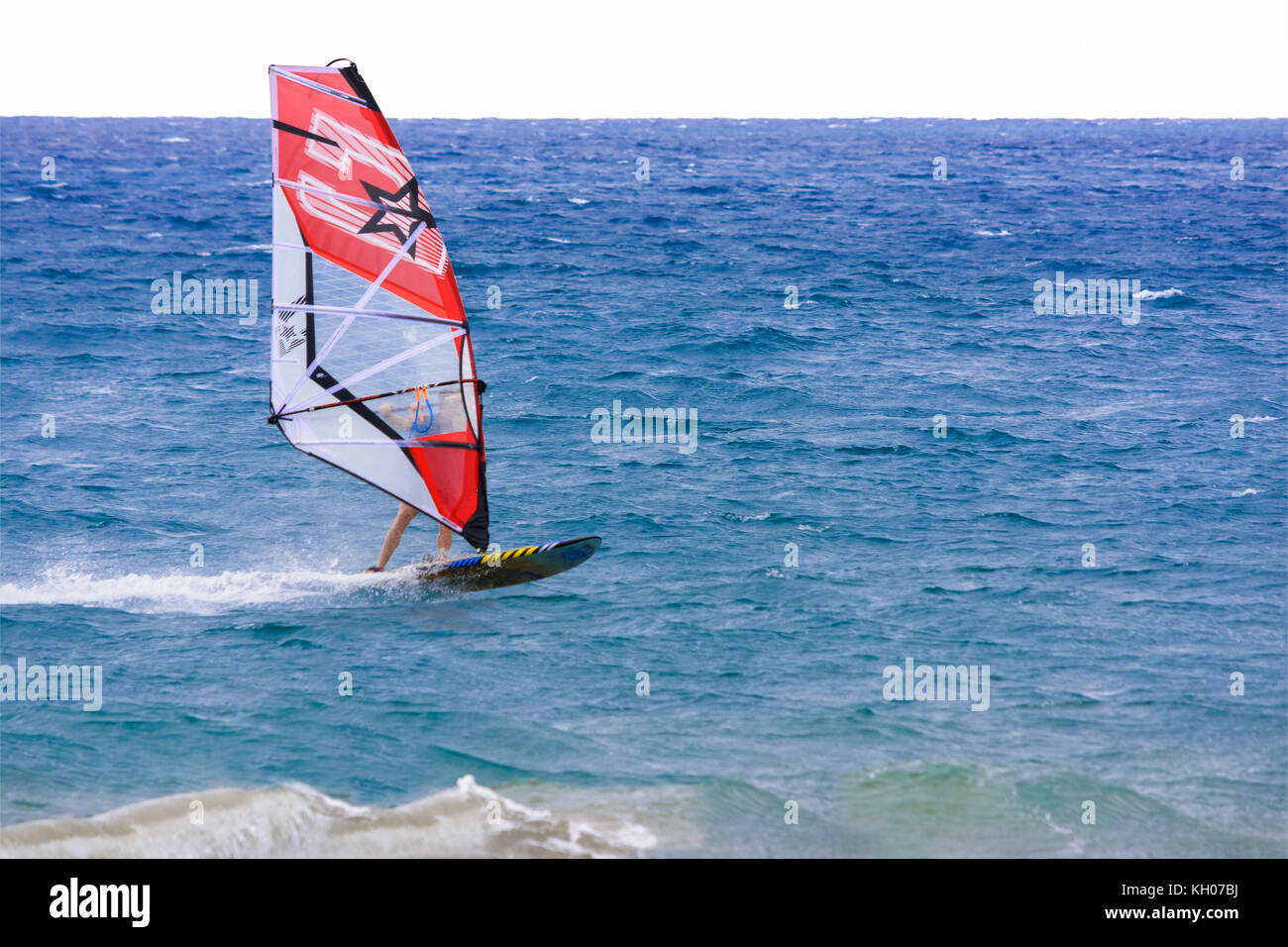 windsurfer that drives its windsurfing speed through the sparkling ...